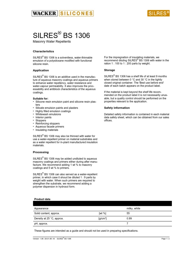 Silres BS 1306: Masonry Water Repellents | PDF | Silicone | Paint