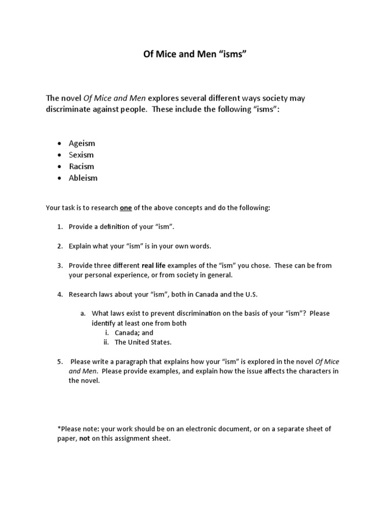 Of Mice and Men Discrimination Research Assignment | PDF