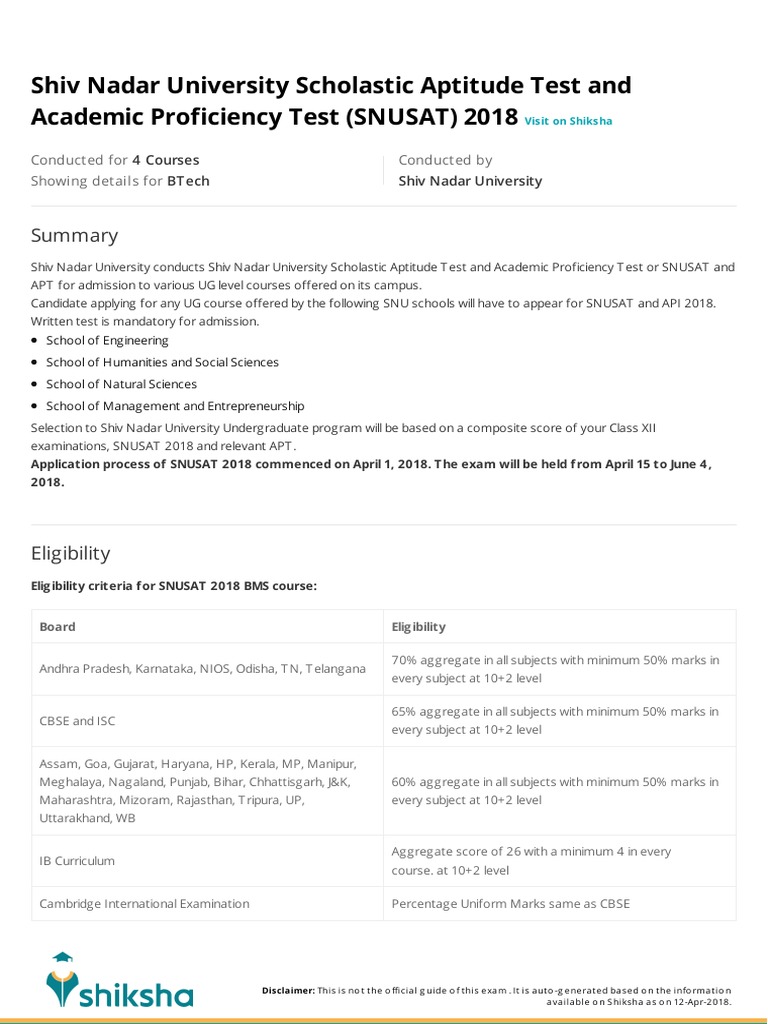 SNUSAT 2018 Exam Overview and Details | PDF | Test (Assessment ...