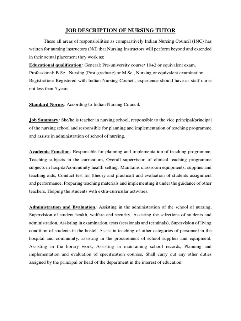 Roles and Responsibilities of a Nursing Tutor According to the Indian ...