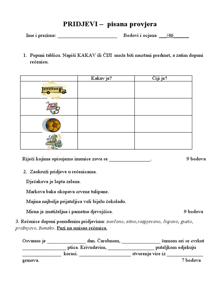 Pridjevi - Pisana Provjera | PDF