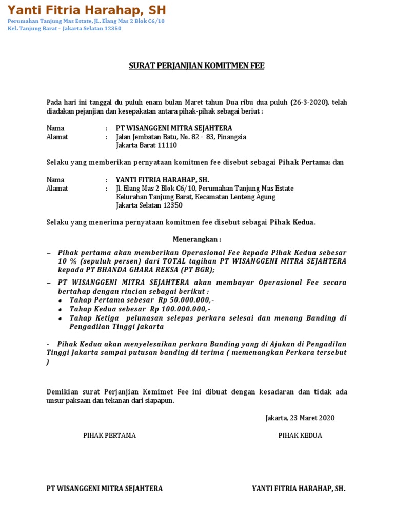 Surat Perjanjian Komitmen Fee | PDF