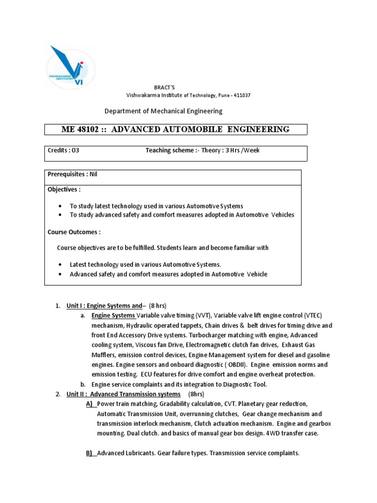 Advance Automotive Syllabus | PDF | Transmission (Mechanics) | Engines