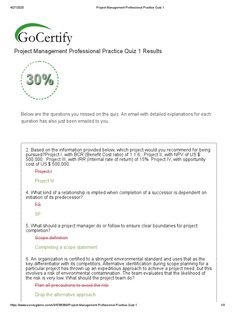 Project Management Professional Practice Quiz 1 | PDF | Project ...