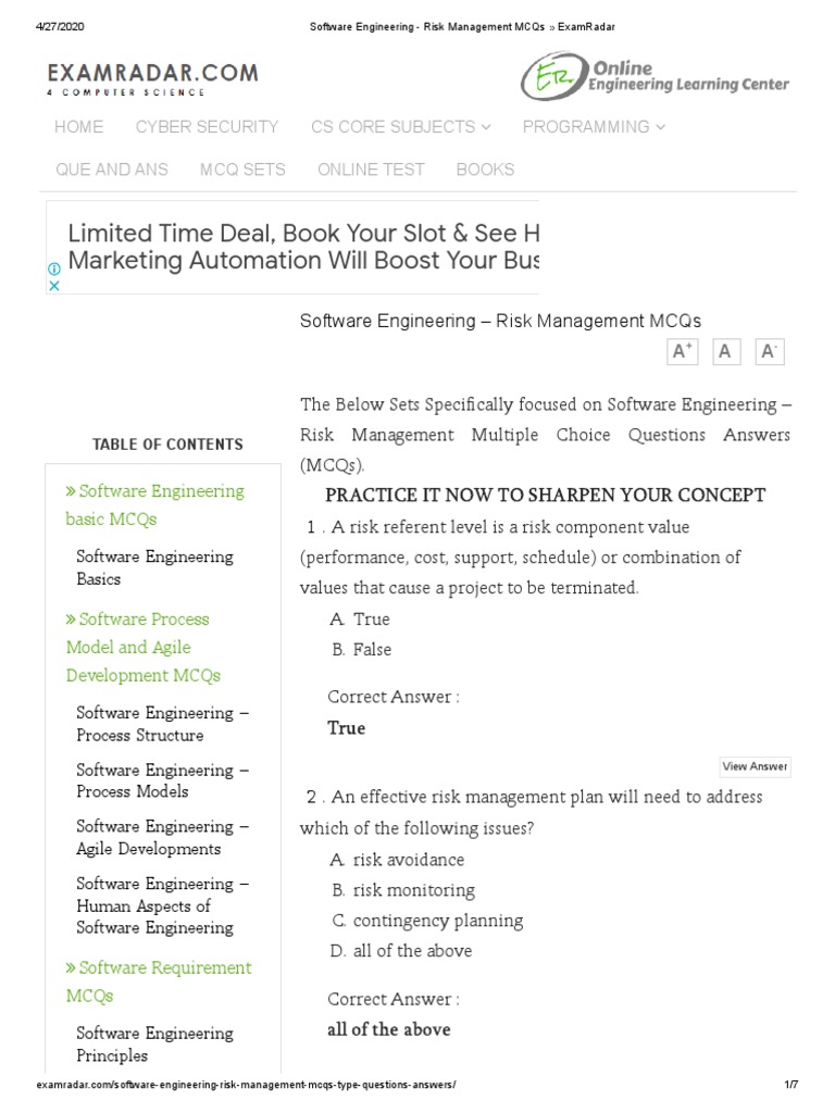 Software Engineering - Risk Management MCQs ExamRadar | PDF | Multiple Choice | Risk