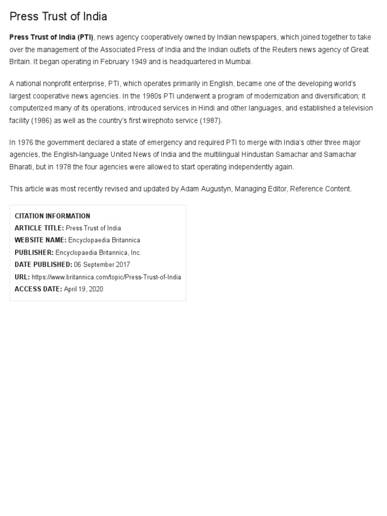 Press Trust of India (PTI), News Agency Cooperatively Owned by Indian ...