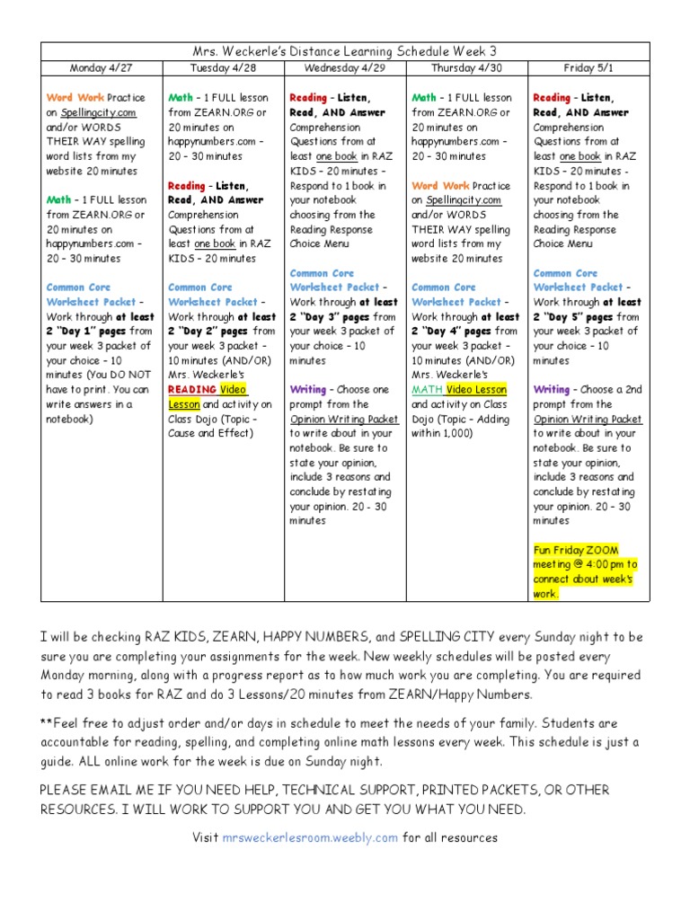 Distance Learning Schedule Week 3 April 27-May 1 | PDF | Pedagogy ...