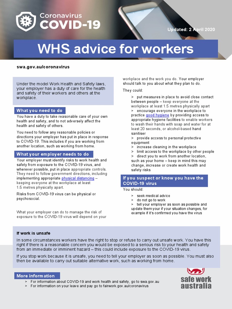 WHS Advice For Workers: Updated: 2 April 2020 | PDF | Hygiene ...