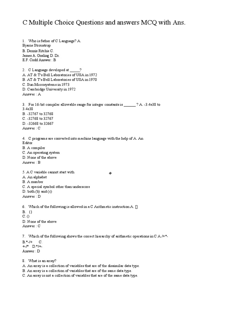 C Multiple Choice Questions And Answers Mcq With Ans Pdf Algorithms And Data Structures