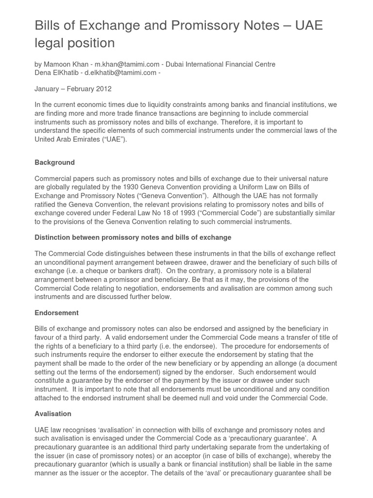 Bills of Exchange and Promissory Notes - UAE Legal Position PDF ...