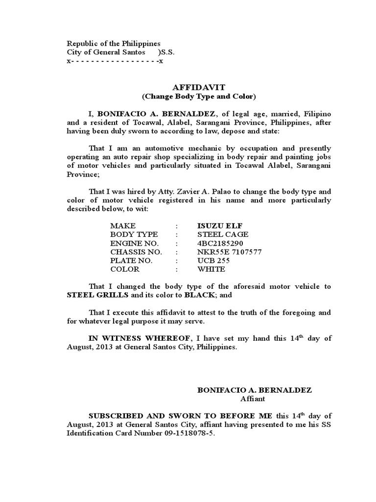 Vehicle Body Type and Color Change Affidavit | PDF | Law