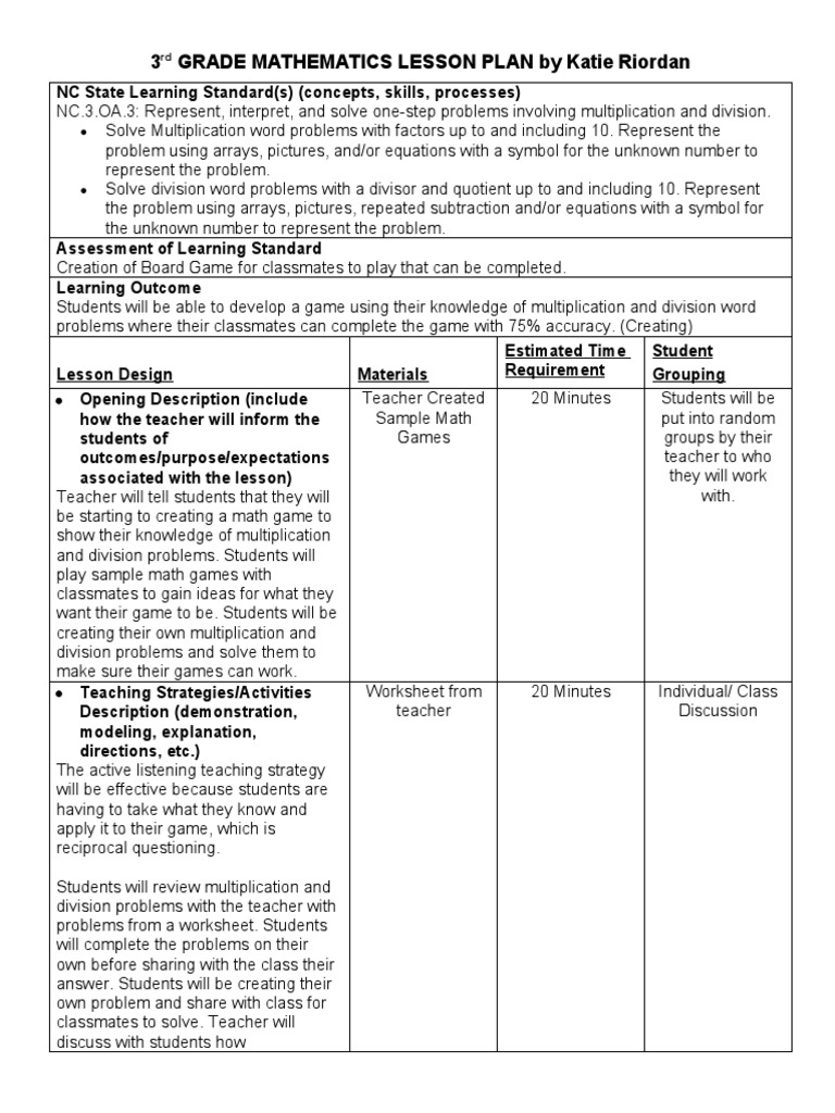 3rd Math Multiplication and Division Lesson Plan | PDF | Lesson Plan ...