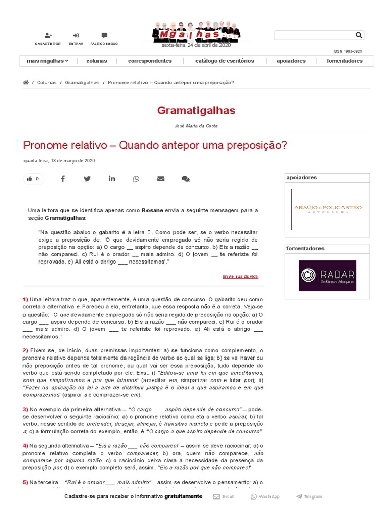 5 - Pronome Relativo - Quando Antepor Uma Preposição | PDF | Preposição ...