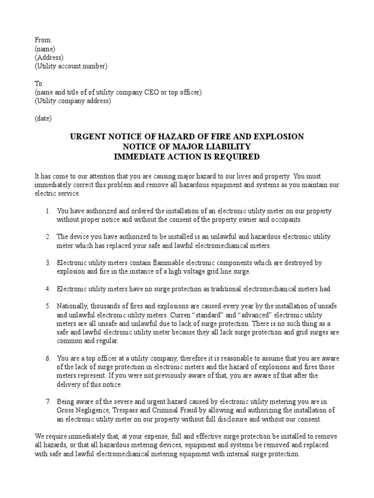 Urgent Notice of Hazard of Fire and Explosion Notice of Major Liability ...