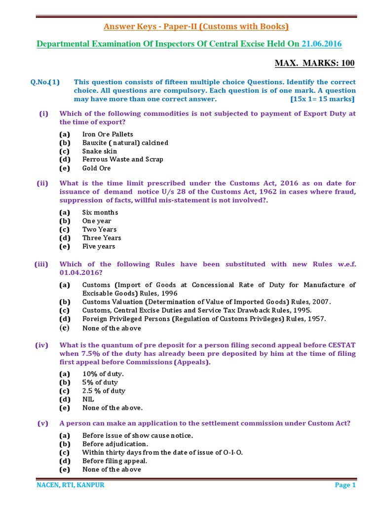 Customs Exam Questions and Answers | PDF | Customs | Dumping (Pricing Policy)
