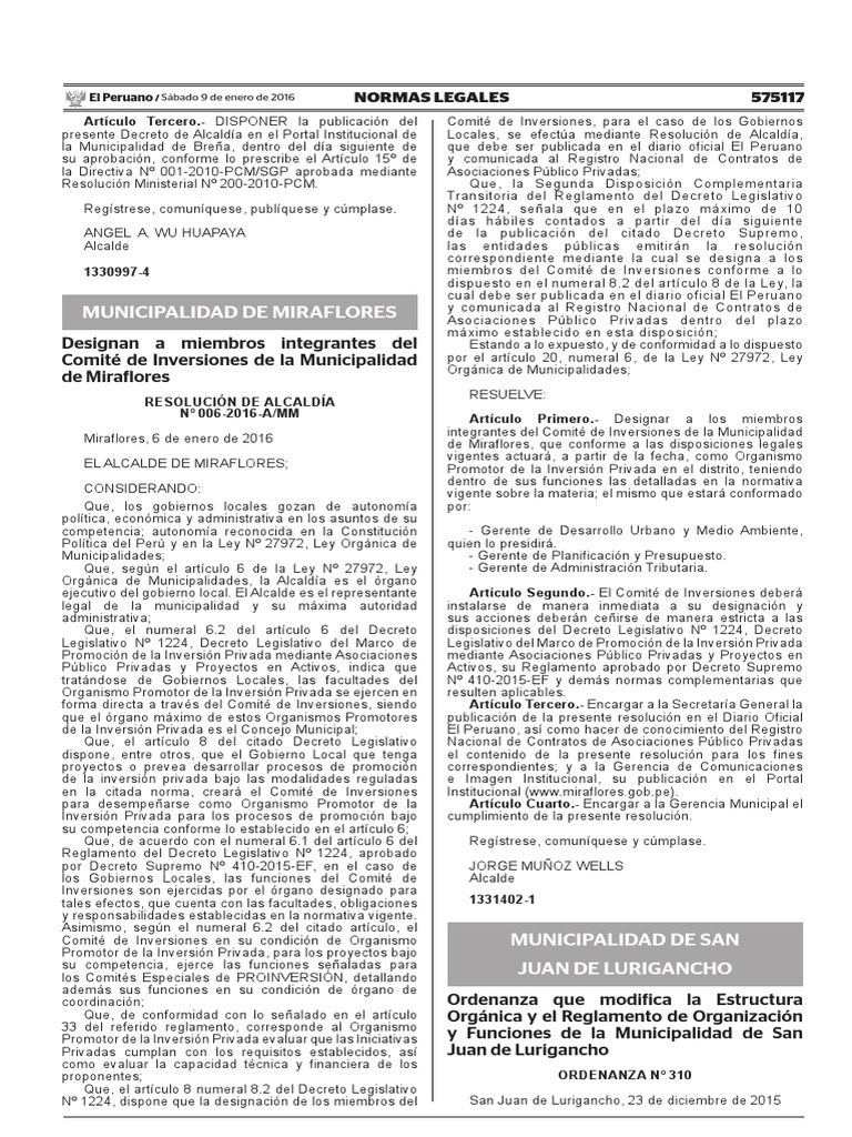 Ordenanza-Que-Modif estructura-organica-y-el-ROF-ordenanza-no-310 | PDF | Alcalde | Gobierno local
