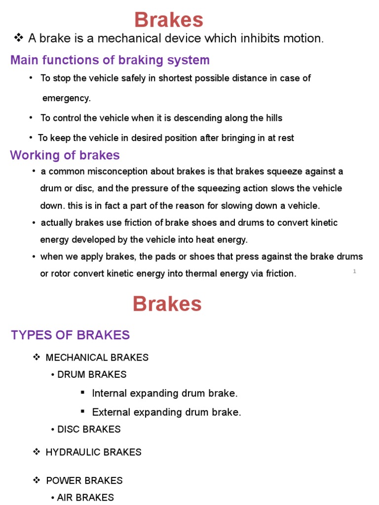 A Brake Is A Mechanical Device Which Inhibits Motion.: Main Functions ...