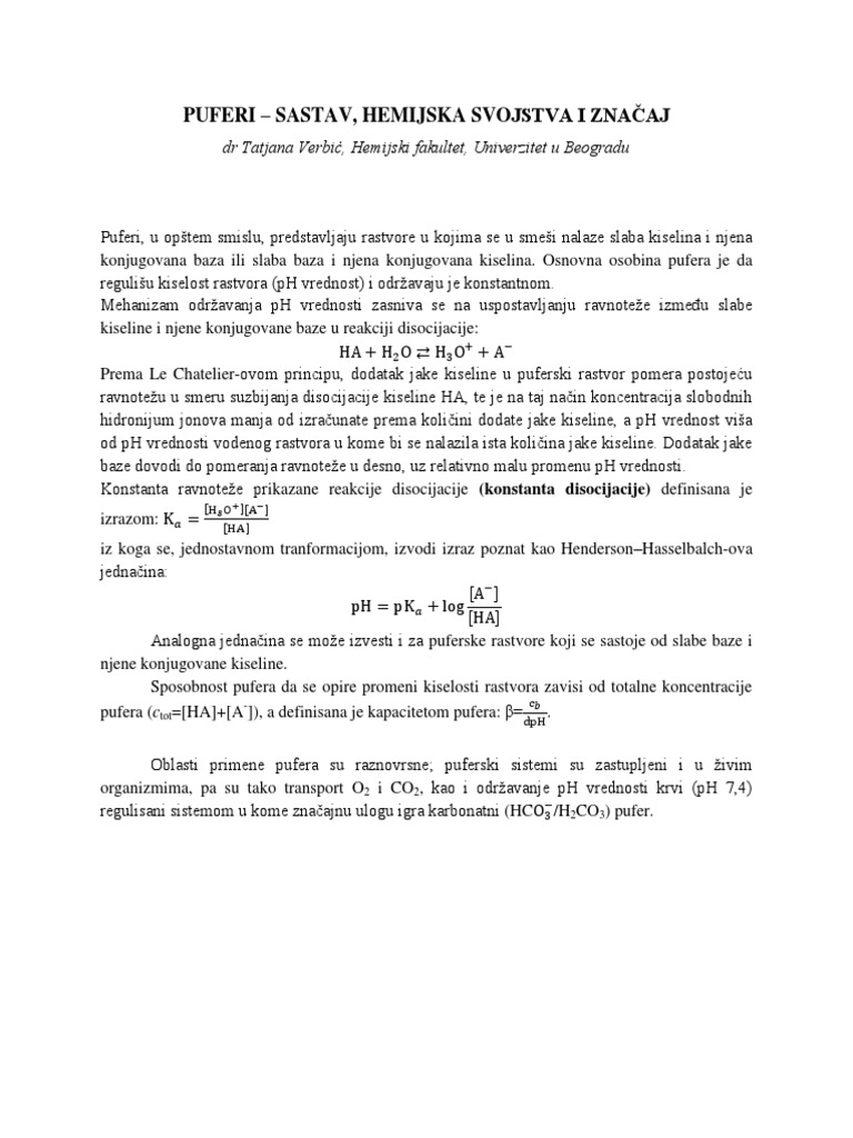 Puferi - Sastav Hemijska Svojstva I Znacaj | PDF