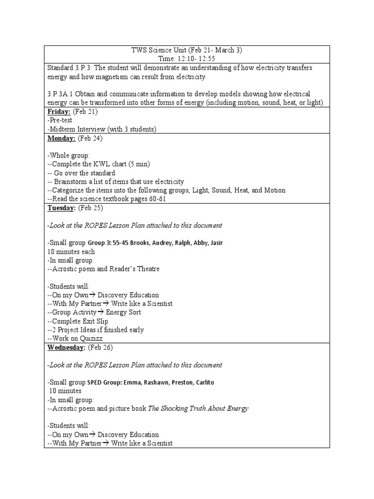 Tws Science Unit Lesson Plans | Download Free PDF | Teachers | Teaching