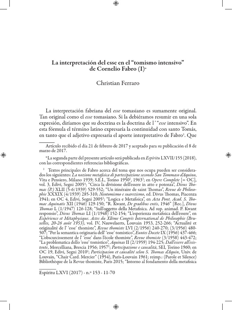 La Interpretación Del Esse en El "Tomismo Intensivo" de Cornelio Fabro ...