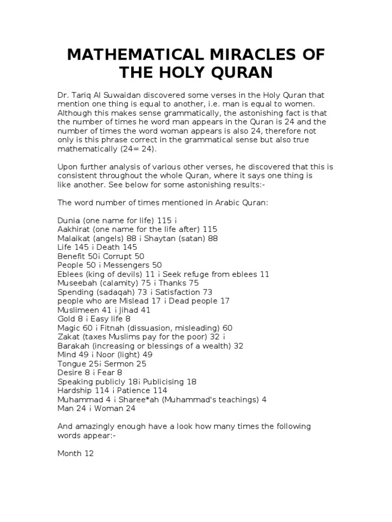 Mathematical Miracles of The Holy Quran | PDF | Quran | Islam