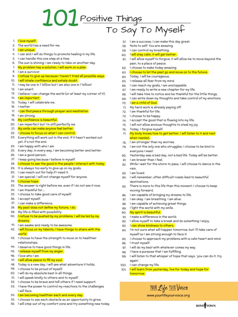 101 Positive Things To Say To Myself | PDF