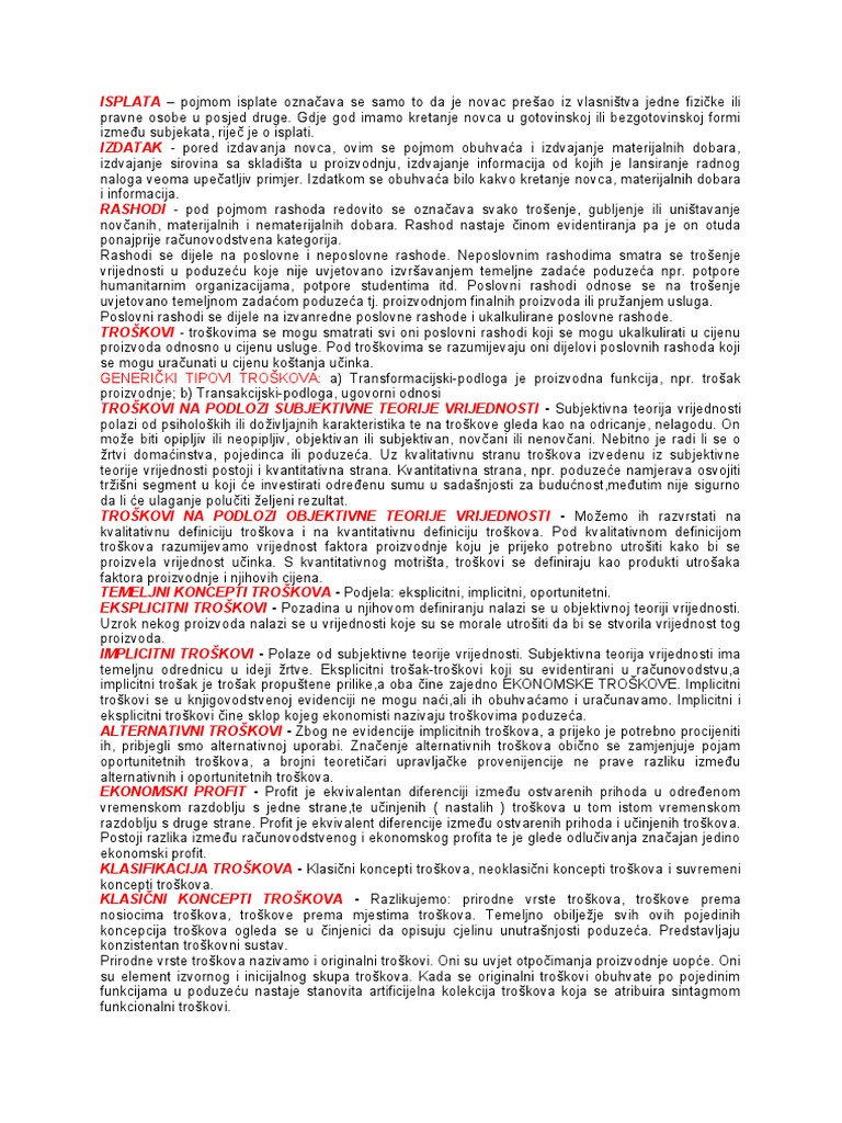 EKONOMIKA TROSKOVA - Teorija - Za - Test | PDF