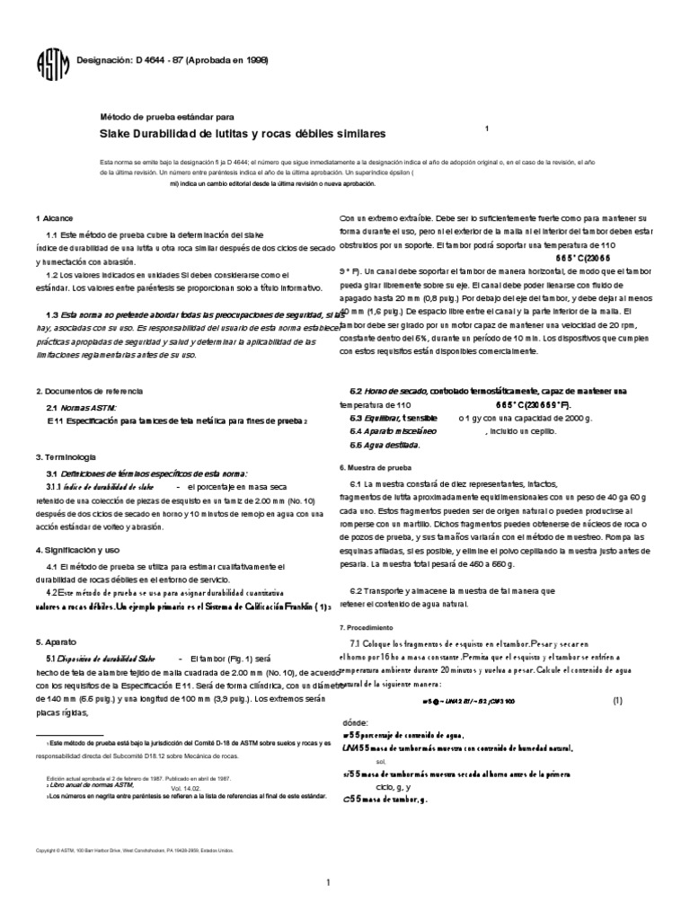 Astm-D - 4644-Slake-Durability - En.español PDF | PDF | Agua | Naturaleza