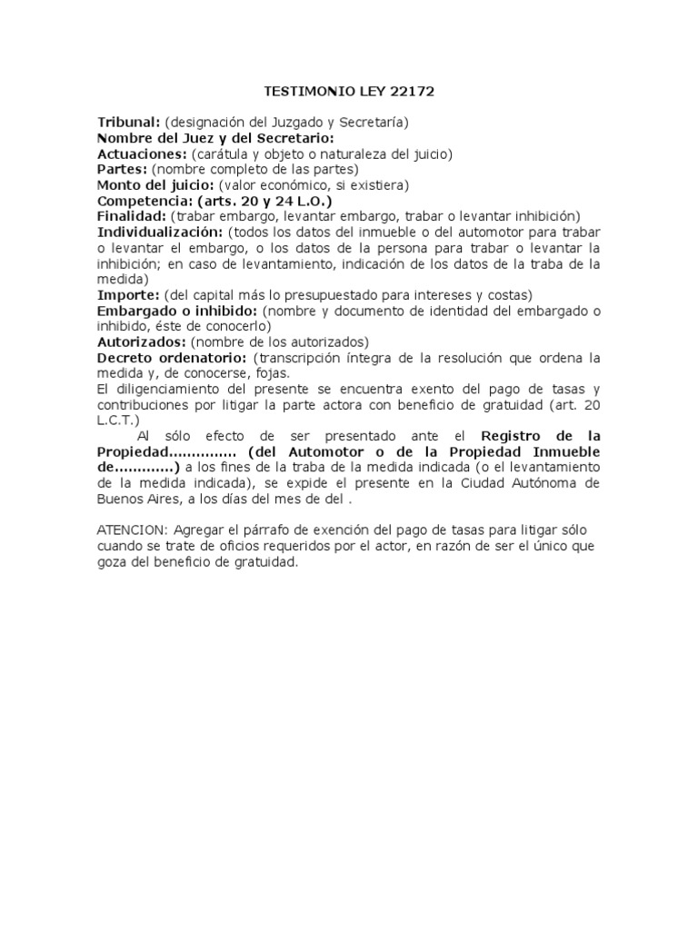 Modelo de Testimonio Ley 22172 | PDF