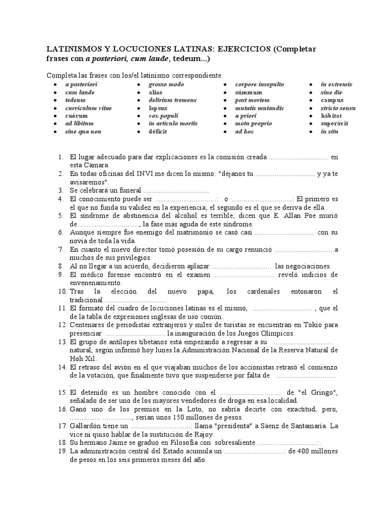 Ejercicios LATINISMOS Y LOCUCIONES LATINAS 4to Secundaria | PDF