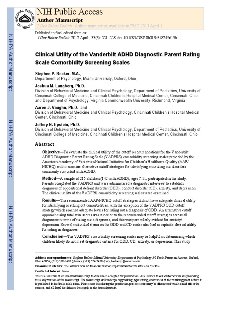 Clinical Utility of The Vanderbilt ADHD Diagnostic Parent Rating Scale ...