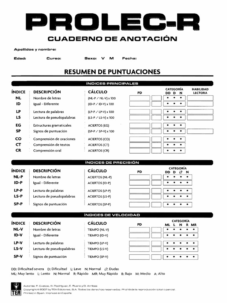 PROLEC-R Hoja Resp-B.N PDF | PDF | Comunicación humana | Texto