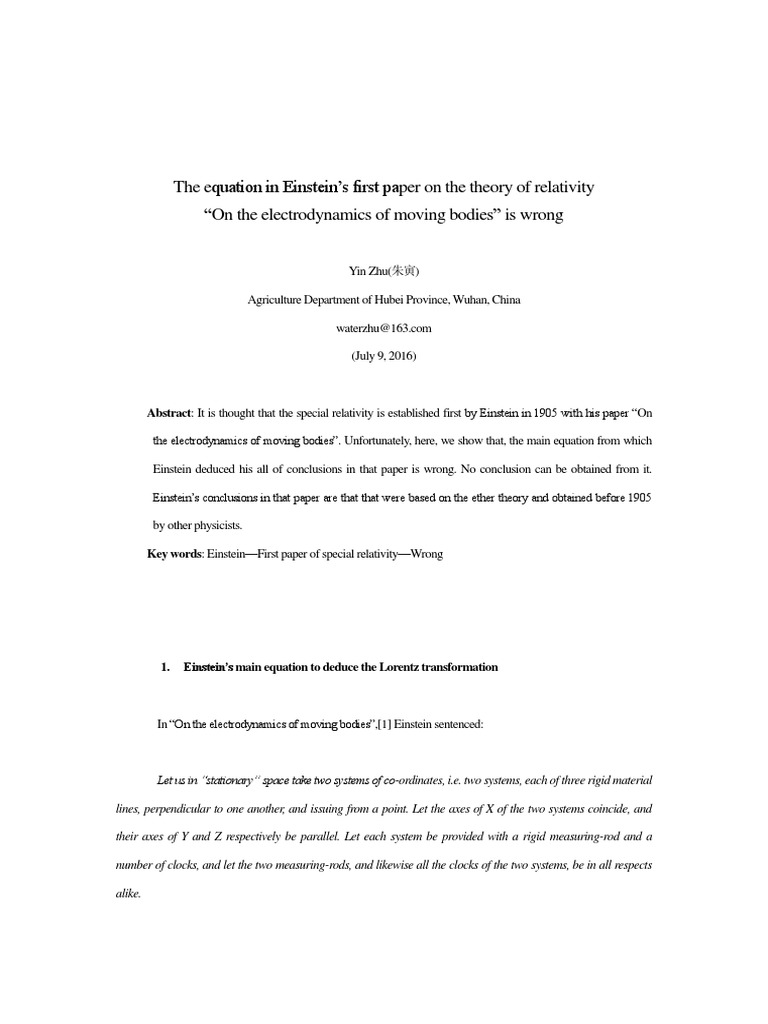 The Equation in Einstein's First Paper On The Theory of Relativity "On ...