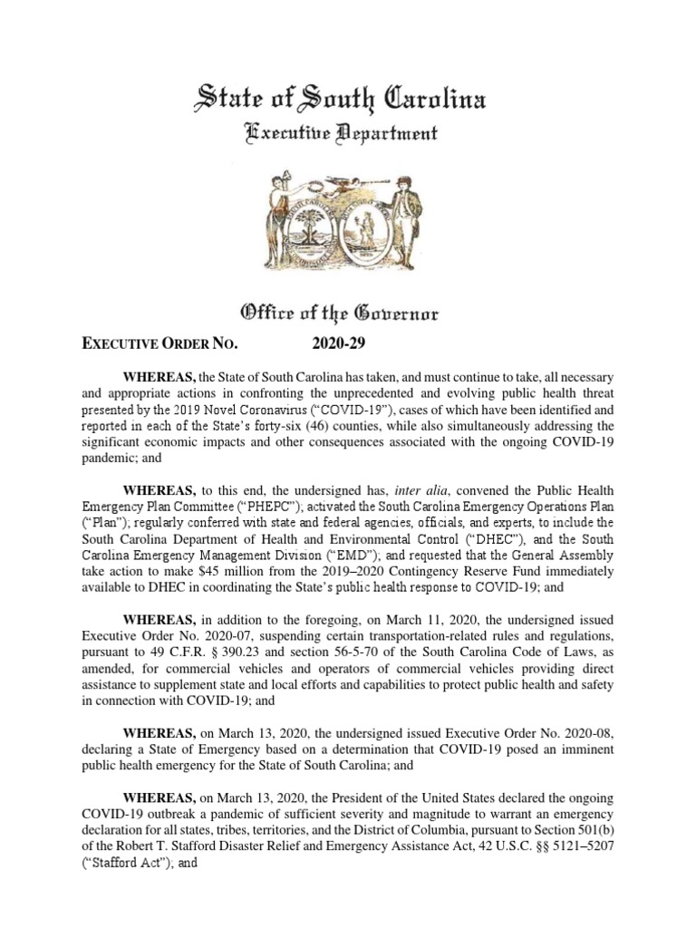 South Carolina COVID-19 Executive Order 2020-29 | PDF | Individualized ...