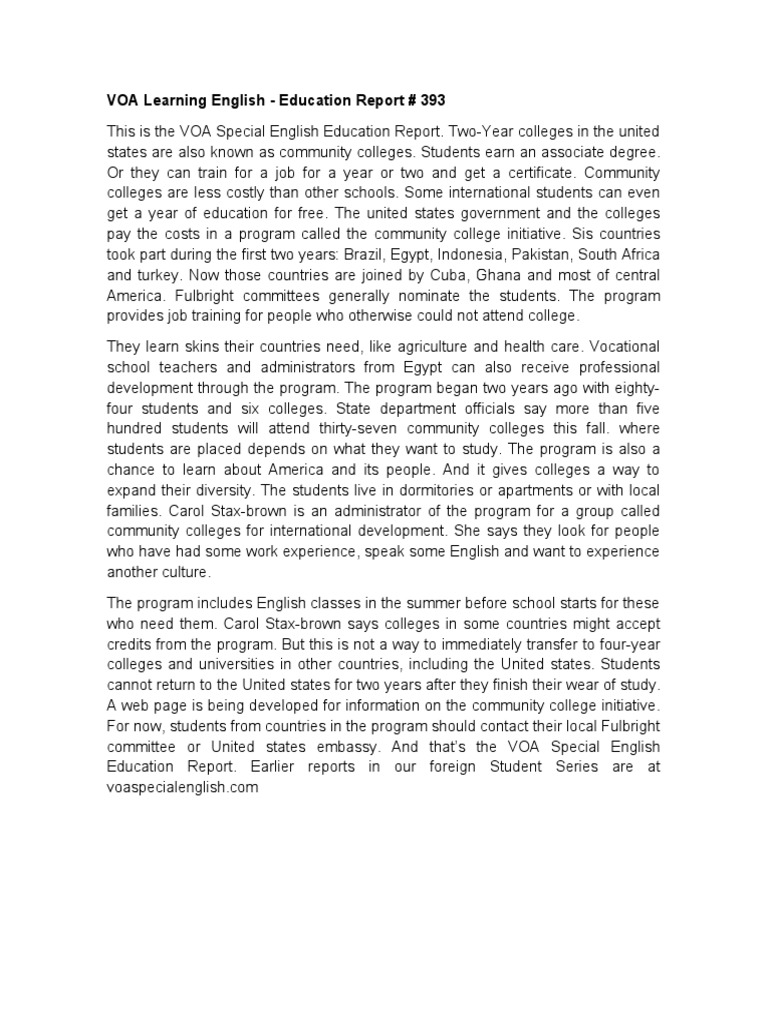 VOA Learning English - Education Report # 393 | PDF | College | Students