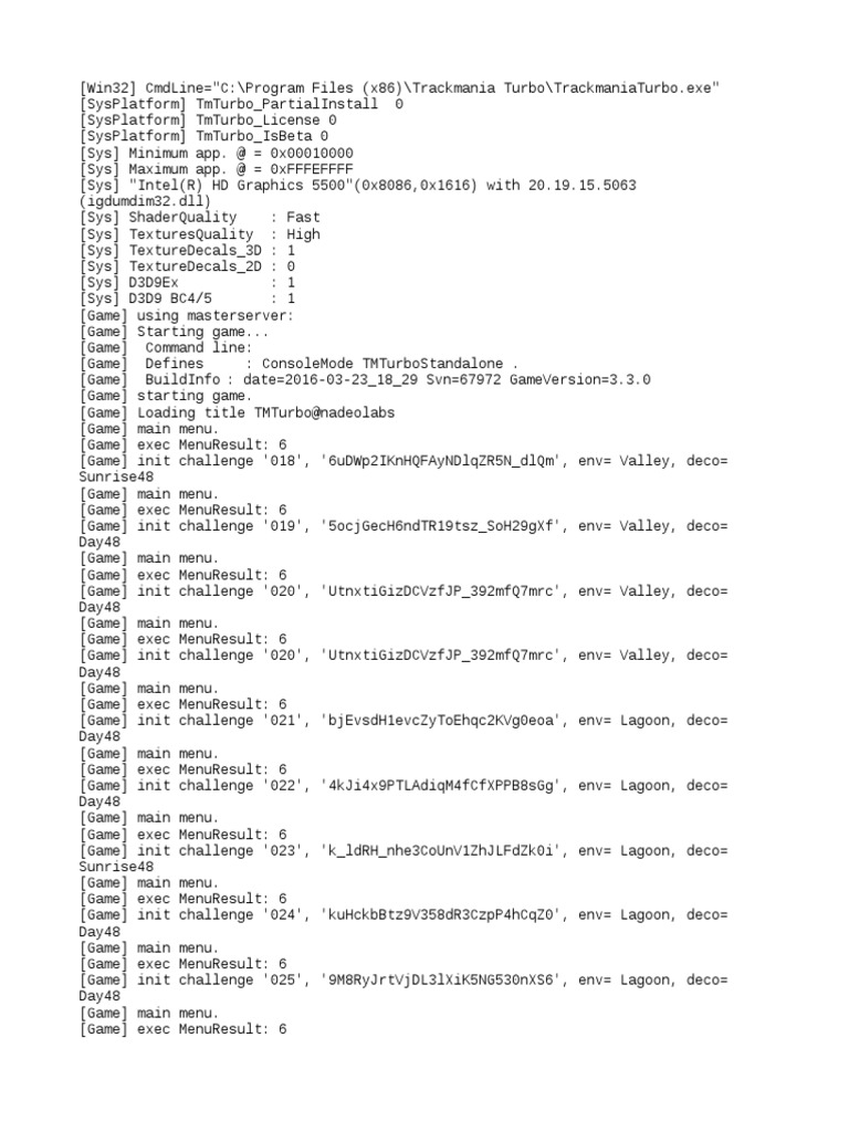Trackmania Turbo Game Log Documenting Challenges Played and System Configuration | PDF ...