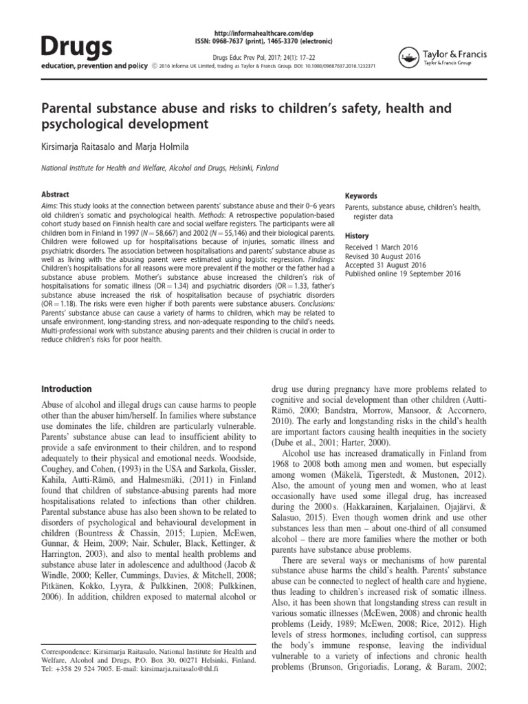 Parental Substance Abuse and Risks To Children's Safety, Health and ...