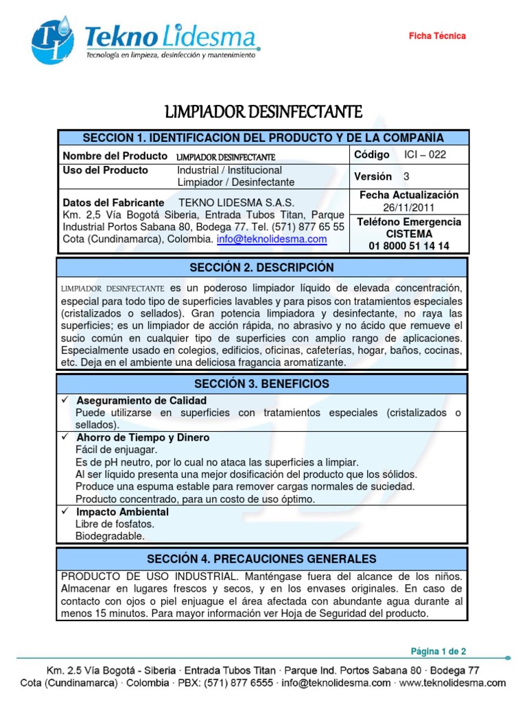 Ficha Tecnica Limpiador Desinfectante Tekno Lidesma PDF | PDF | Perfume | Agua