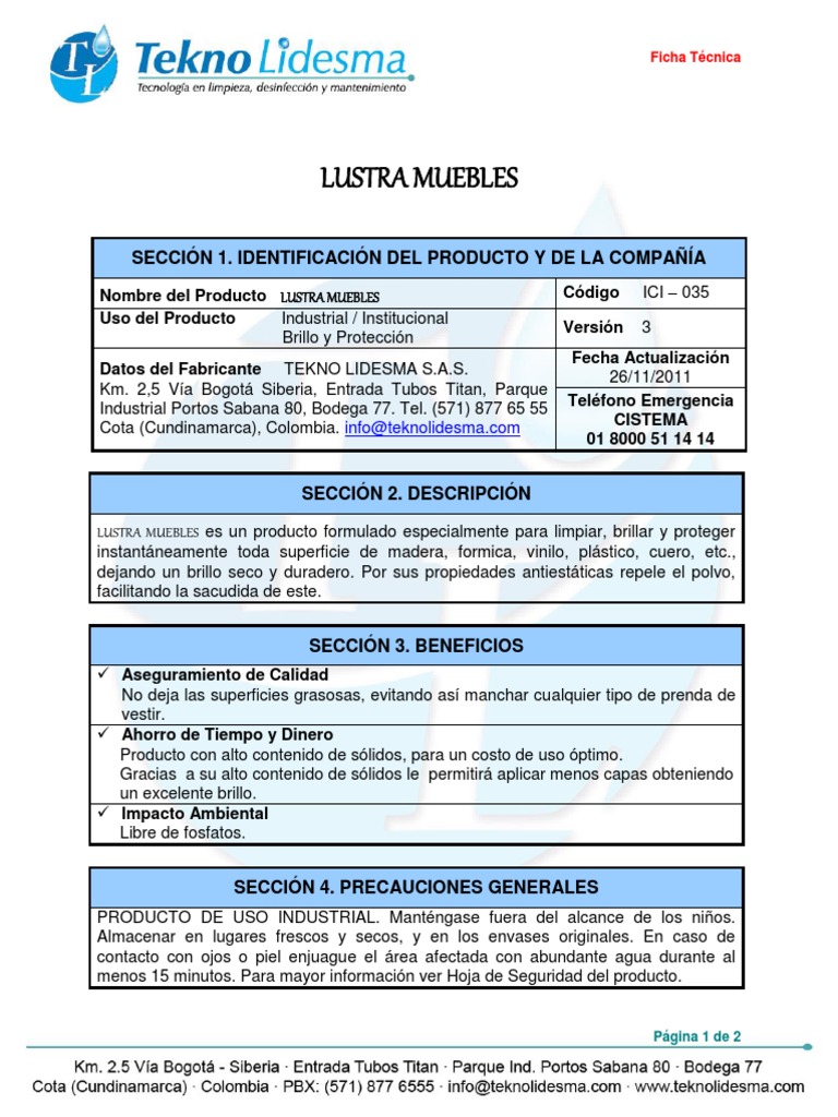 Ficha Tecnica Ilustrador de Mueble Tekno Lidesma PDF | PDF | Litro | Química