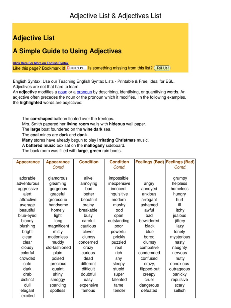 Adjectives List PDF | PDF | English Grammar | Adjective