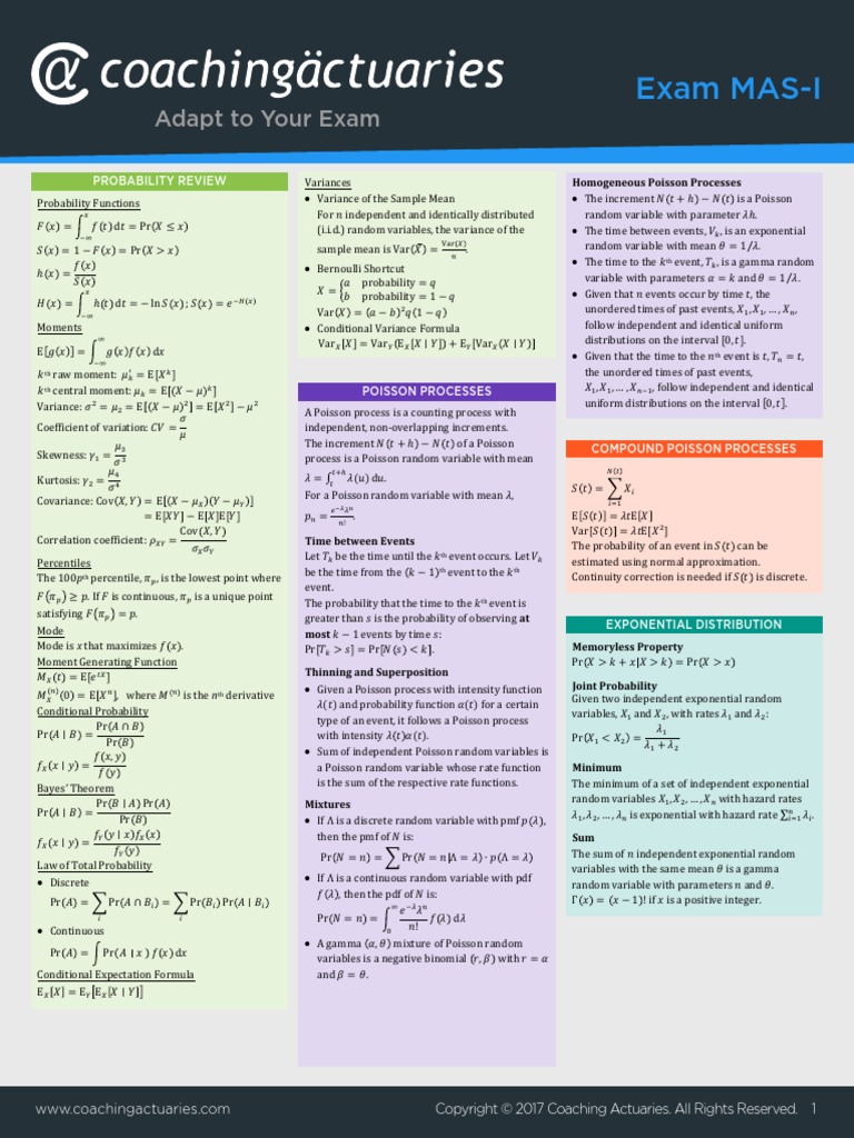 Mas-I Formula Sheet PDF | Download Free PDF | Variance | Probability Theory