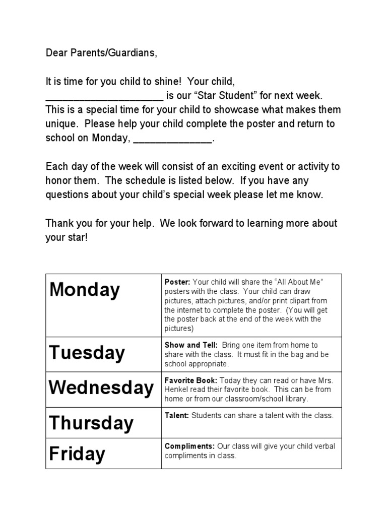 Star Student Letter | PDF