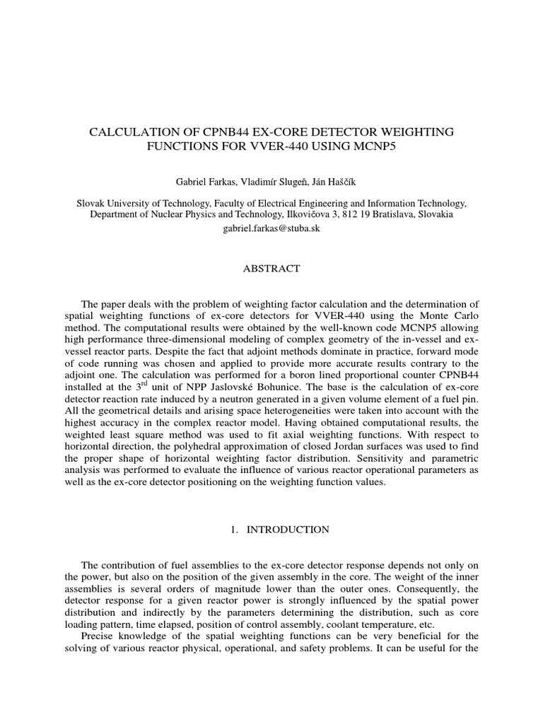 Calculation of Cpnb44 Ex-Core Detector Weighting Functions For Vver-440 Using Mcnp5 | PDF ...