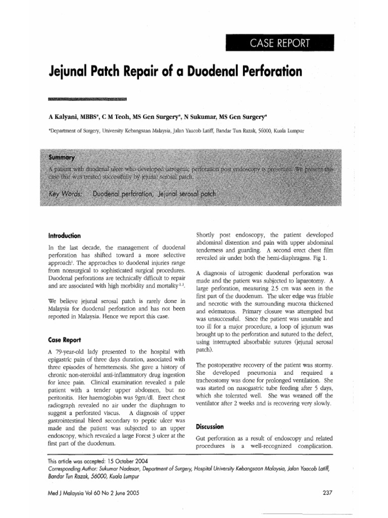 Jeiunal Patch Repair of A Duodenal Perforation: Case Report | PDF ...