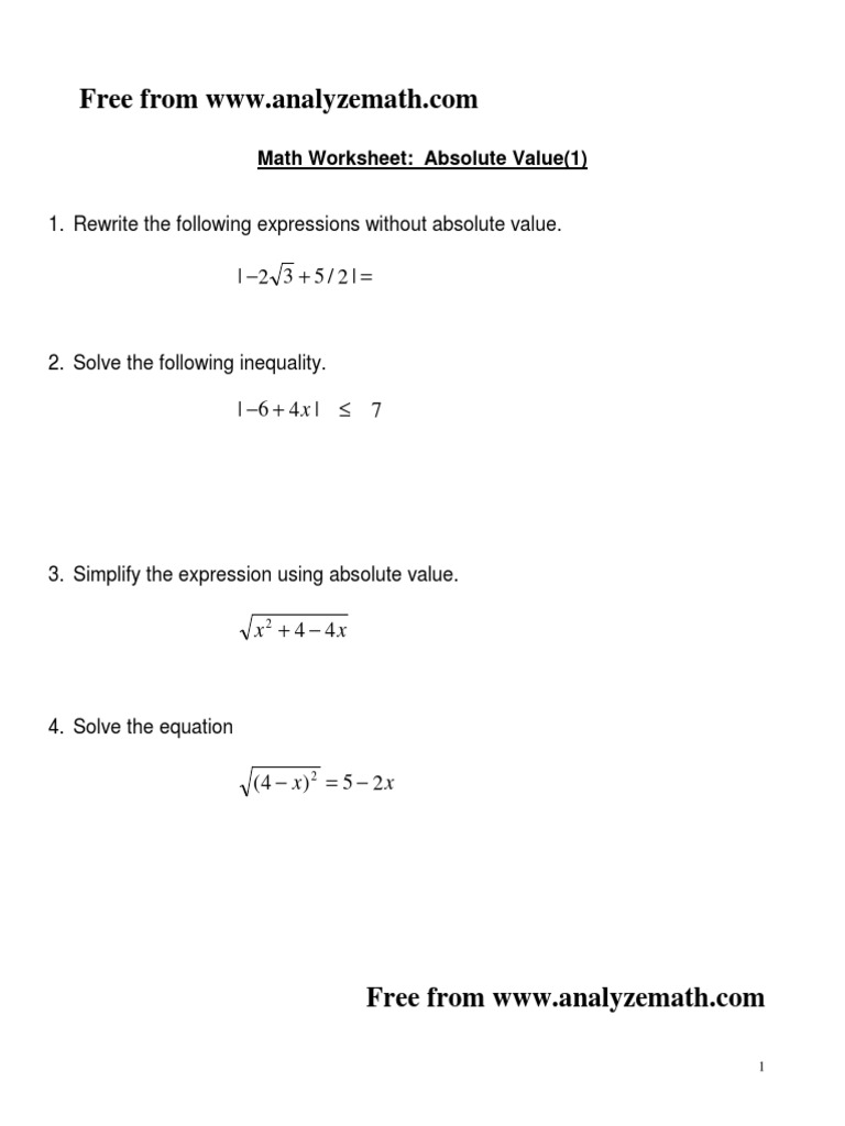 Absolute Value Math Worksheet | PDF
