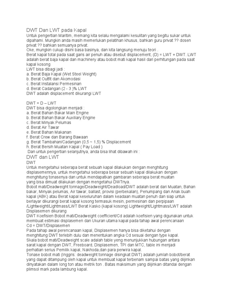 DWT Dan LWT Pada Kapal | PDF
