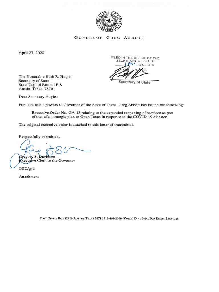 Texas Executive Order GA-18 Reopening | PDF | Executive Order | Nursing ...
