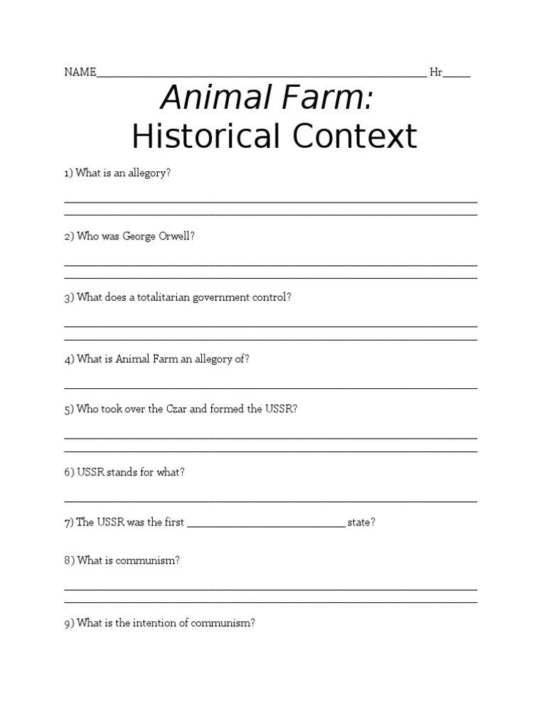 Historical Context Worksheet - Animal Farm | PDF