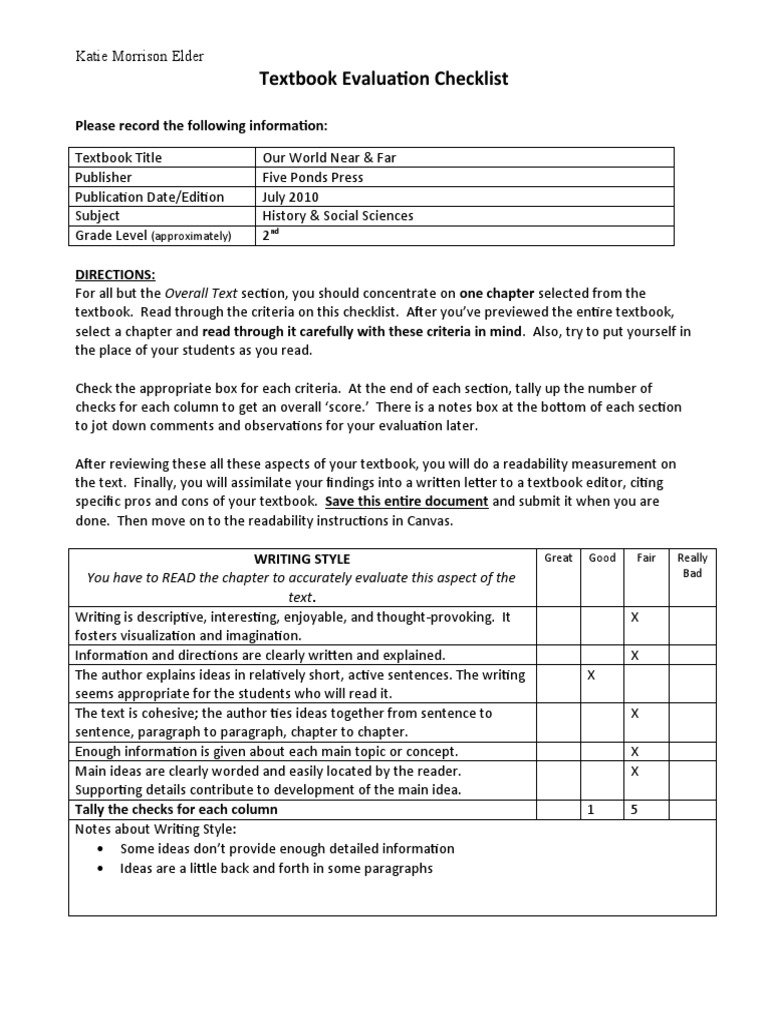 Textbook Evaluation Checklist: Please Record The Following Information ...