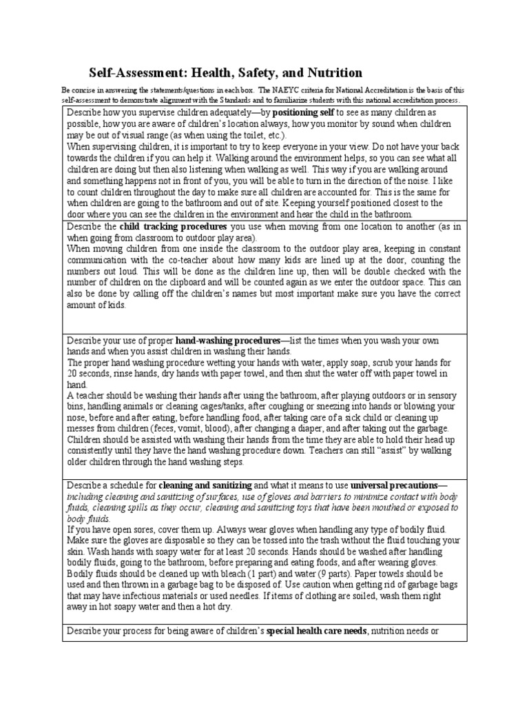 Self-Assessment Health Safety and Nutrition 1 1 | PDF | Hand Washing ...